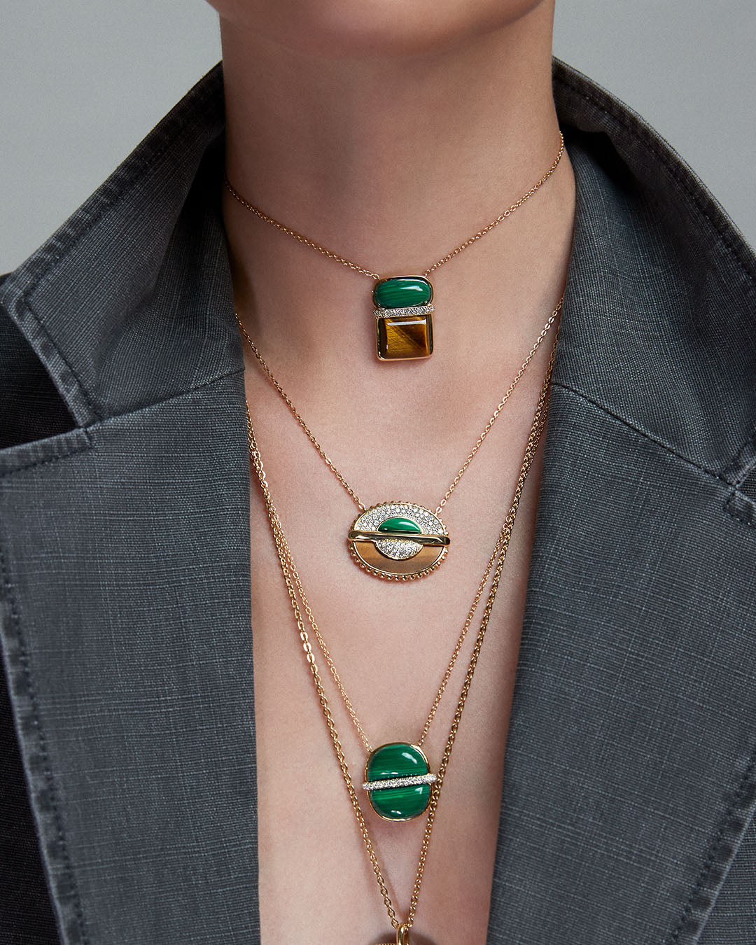 As Above So Below Necklace in Malachite, Tiger's Eyes and Diamonds ...