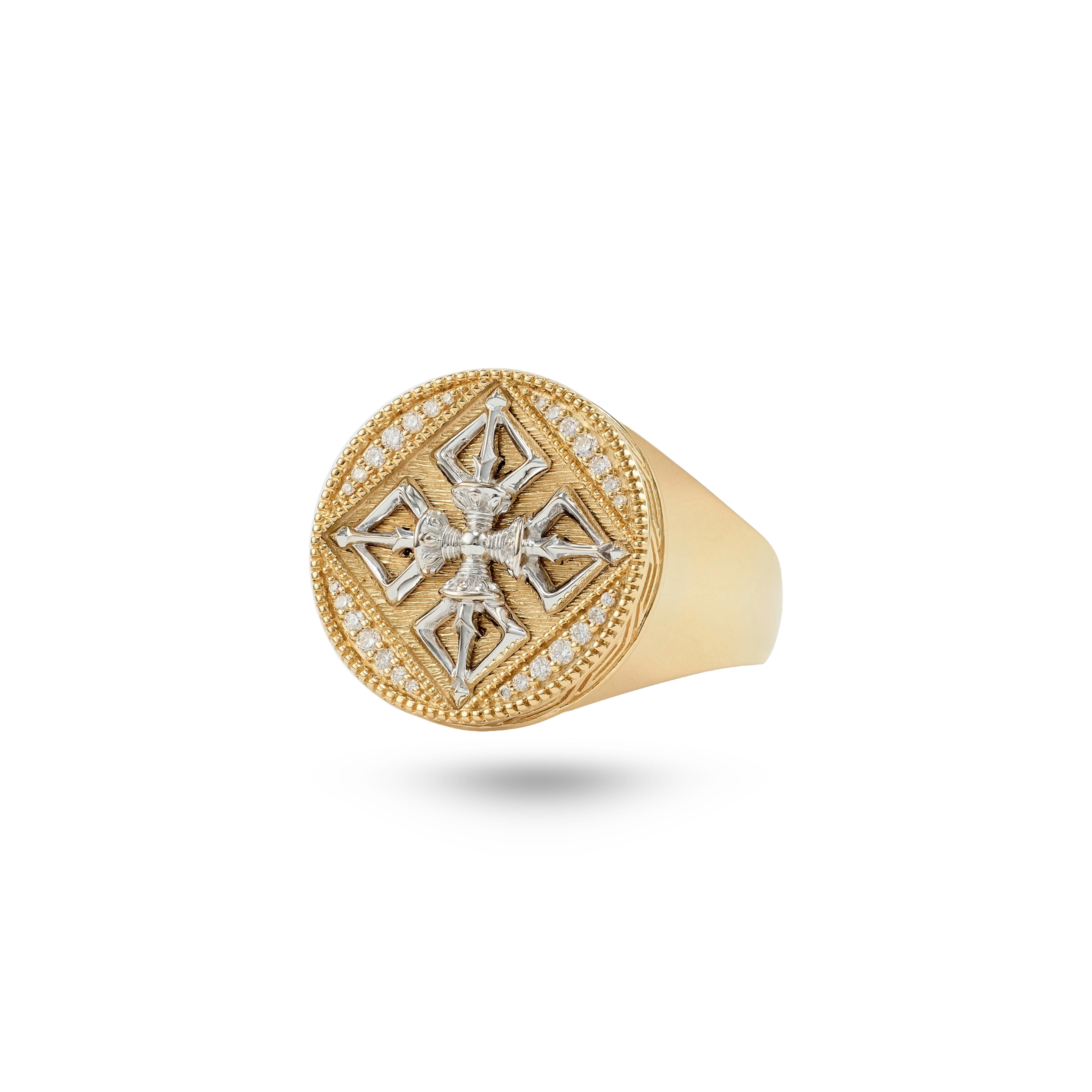 Round Gold Double Dorje ring in 18K Yellow and White Gold with White ...