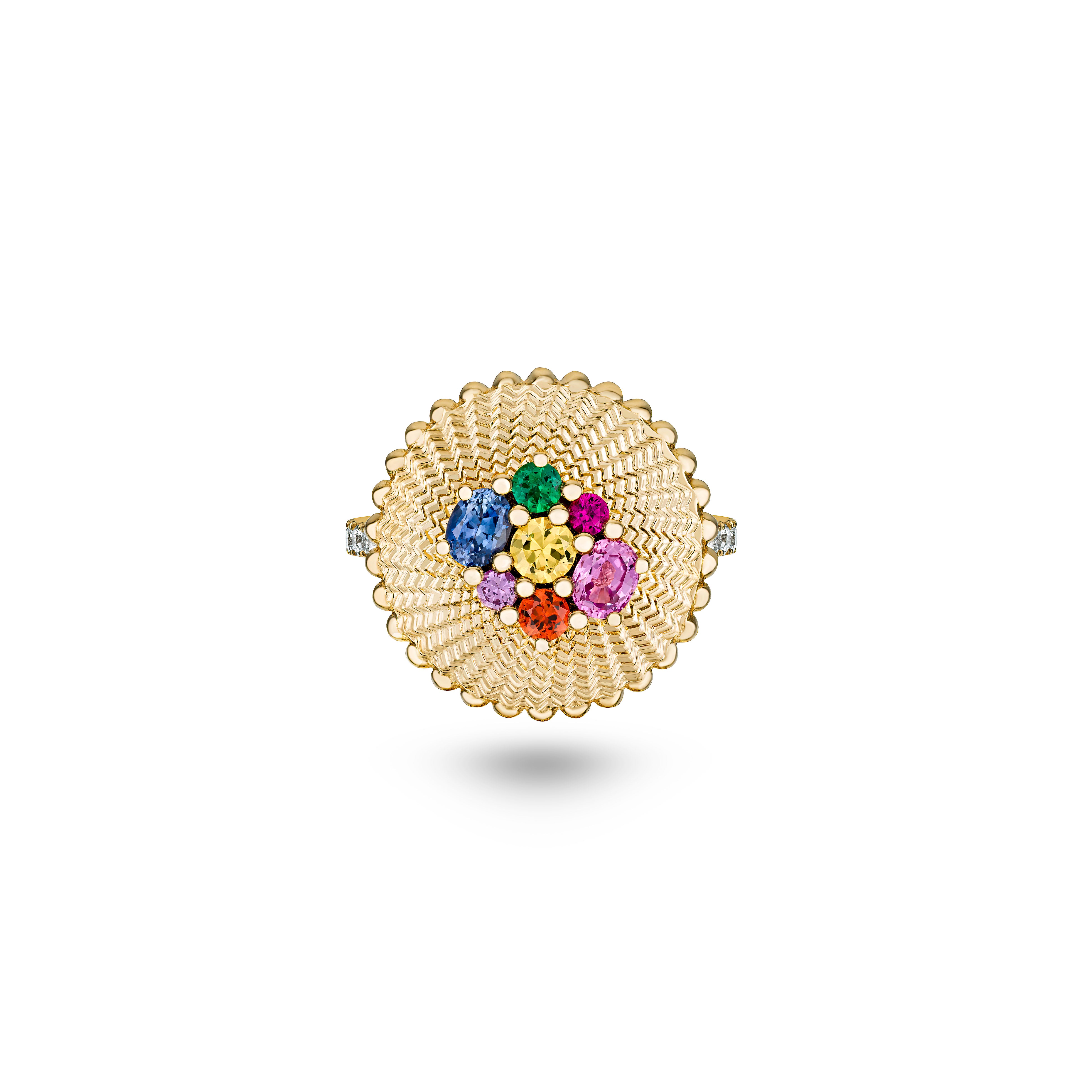Seven Sisters Rainbow Ring in 18K Yellow Gold with Guilloche engraving ...