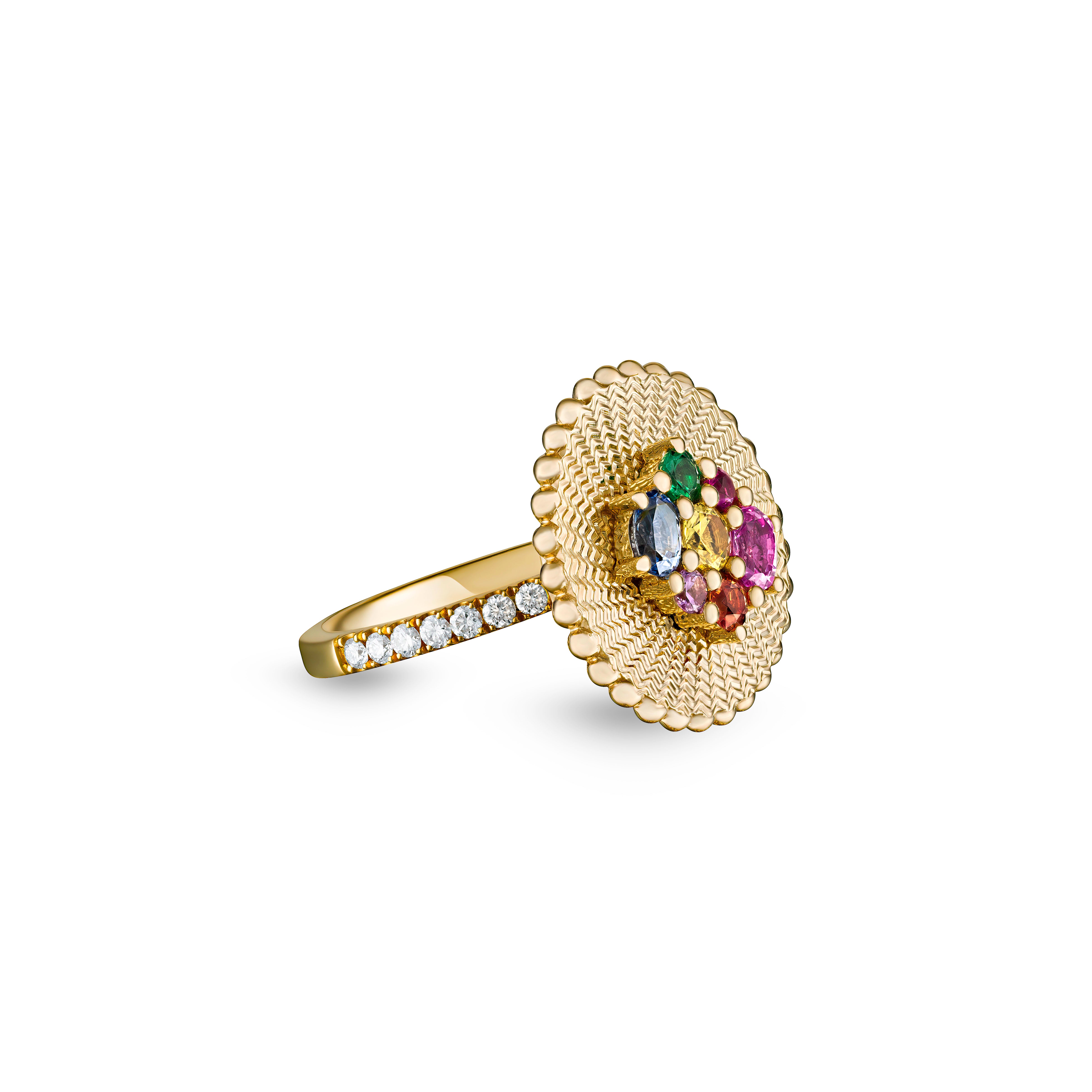 Seven Sisters Rainbow Ring in 18K Yellow Gold with Guilloche engraving ...